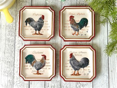 Vintage Mww Market Roosters 3d Mini Square Plates 4 12 Set Of 4