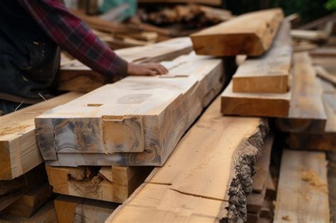 Person Organizing Sawn Timber By Size At Yard Premium AI Generated Image
