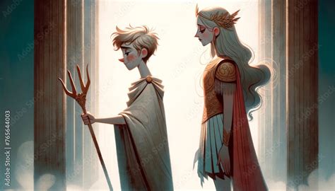 An Animated Whimsical Art Style Image Showing Cassandra Standing Next To Agamemnon With A