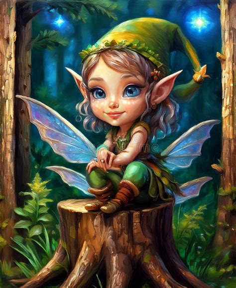 Small Happy Elf Girl With Blue Eyes With Wings And In Brown Boots Sitting On A Thick Stump In