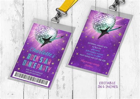 Editable Rock Star Dance Party Invitation Badge Dance Party Invitation