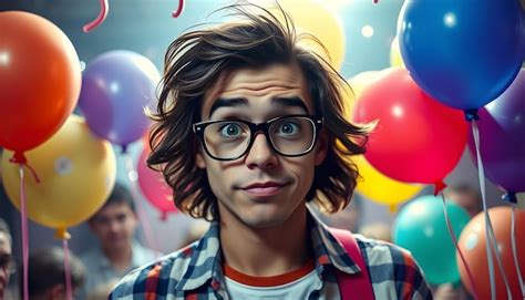 Illustration Of Nerd Guy With Long Hair In Eyeglasses Making Face And Looking At Camera With