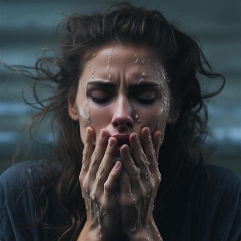Uma Mulher Triste E Chorando Com As Mãos No Rosto No Estilo De Ray