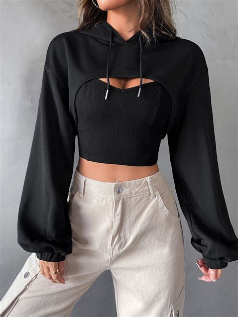 Drop Shoulder Super Crop Drawstring Hoodie Without Camisole Trendy
