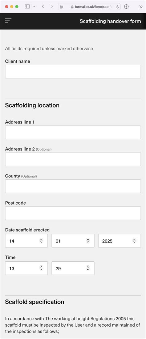 Scaffold Handover Certificate Form Online — Formalise