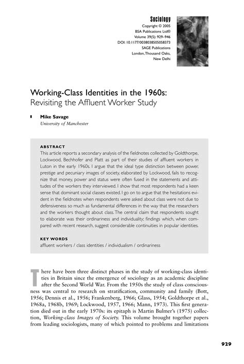Pdf Working Class Identities In The 1960s Revisiting The Affluent