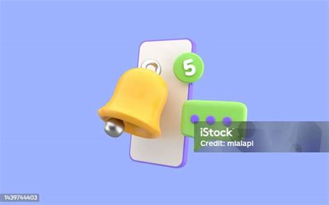 알림 벨 링 앱 개념이 있는 스마트폰 메시지 보라색 배경에 메시지 카운터가 있는 큰 노란색 종 3d 렌더링 3차원 형태에 대한