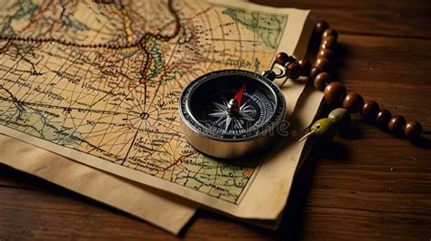 A Compass Map And Prayer Beads Arranged On A Wooden Table In A Quiet