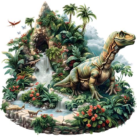 Friendly Prehistoric Dinosaurs In Lush Jungle Landscape With Erupting