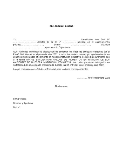 Declaración Jurada No Saldos De Alimentos 2022 Pdf