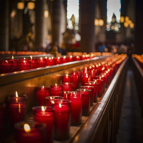 Lifestyle Photo Rows Of Red Lit Prayer Candles In Church Stock Image