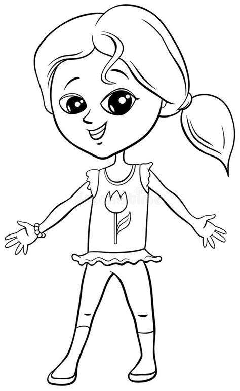 Cute Elementary Age Girl Comic Character Coloring Page Stock Vector
