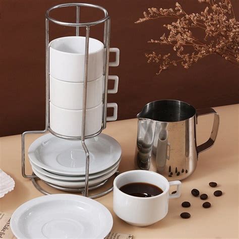 Porcelain Stackable Coffee Mugs Espresso Cup Set With Saucers And Metal