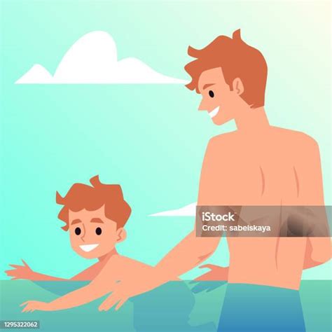 Vetores De Pai E Filho Na Piscina Ao Ar Livre Pai De Desenho Animado