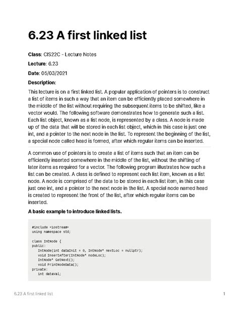 623 A First Linked List 6 A First Linked List Class Cis22c Lecture Notes Lecture 6