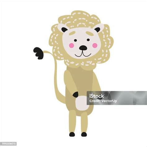 사자 귀여운 재미있는 캐릭터 스칸디나비아 스타일의 유치한 벡터 그림입니다 어린이용 벡터 설명 격리 개념 인쇄 포스터 배너 0명에 대한 스톡 벡터 아트 및 기타 이미지