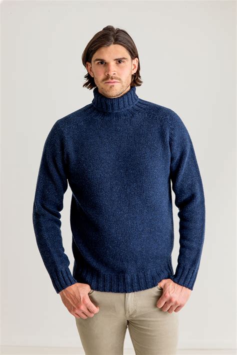 Mens Chunky Geelong Superfine Lambs Wool Polo Neck Jumper In Navy Blue