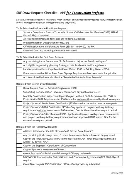 South Carolina Srf Draw Request Checklist Apf For Construction