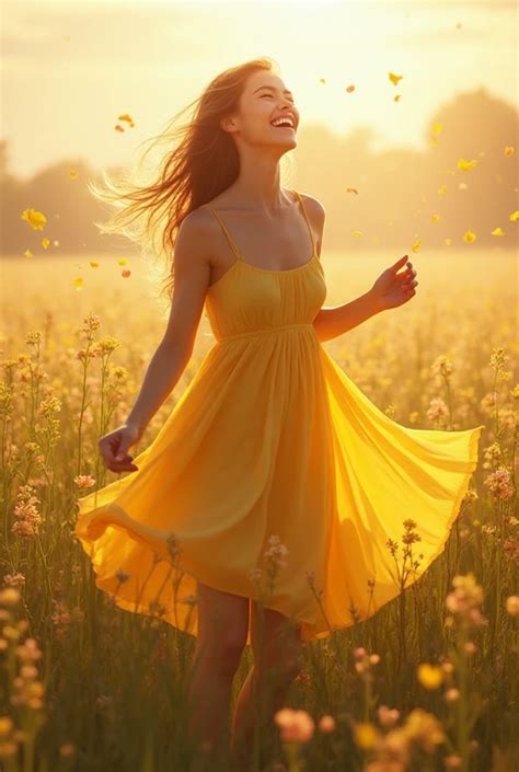 A Young Woman In A Yellow Sundress Spins Slowly In A Field Of Tall