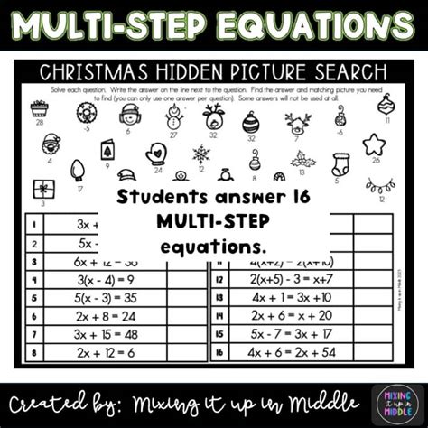 Multi Step Equations Christmas Activity Color By Answer Hidden Pictures