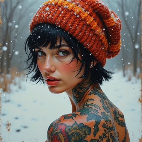 Oil Painting Of A Tattooed Woman With Short Hair And A Colorful Woolen
