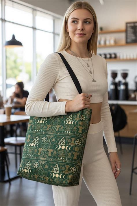 Green Norse Mythology Tote Bag Celtic Knot Rune Print Canvas Shoulder
