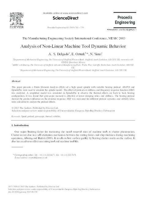 Pdf Analysis Of Non Linear Machine Tool Dynamic Behavior