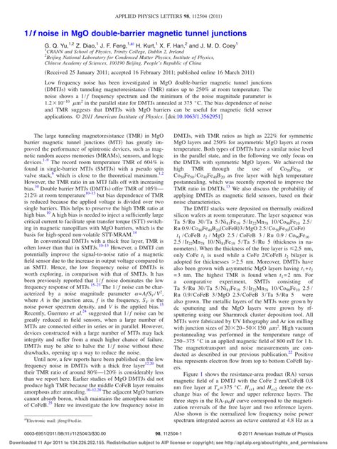 Pdf 1f Noise In Mgo Double Barrier Magnetic Tunnel Junctions