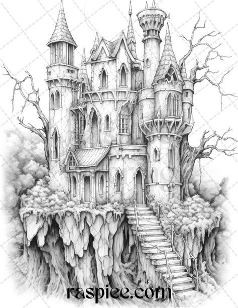 50 Haunted Castles Grayscale Coloring Pages Printable Halloween Color