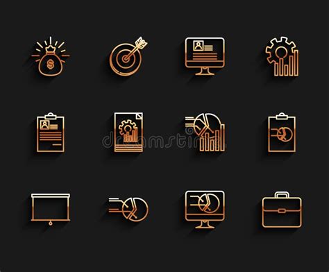 Set Line Chalkboard, Pie Chart Infographic, Money Bag, Computer Monitor with, Briefcase ...