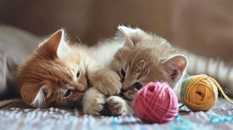 Two Adorable Kittens Playing With Yarn Balls Premium Ai Generated Image