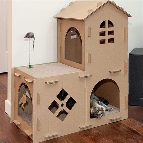 Casa Para Gatos De Carton Corrugado De 2 Pisos Con Rascador Y