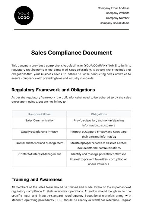 Free Sales Compliance Document Template To Edit Online