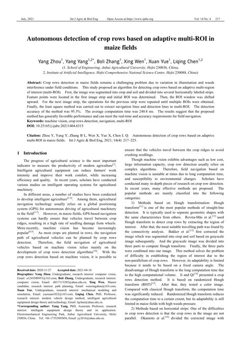 Pdf Autonomous Detection Of Crop Rows Based On Adaptive Multi Roi In Maize Fields