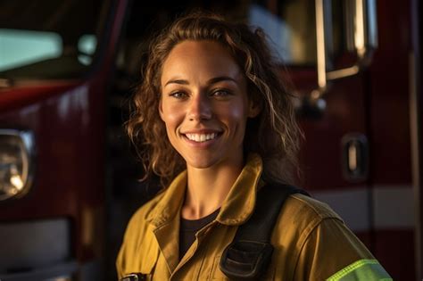 A Smiling Female Firefighter In Front Of The Fire Truck With Generative Ai Premium Ai