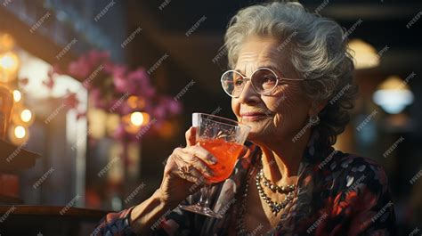 Premium Ai Image Elderly Woman Drinks Alcohol Generative Ai