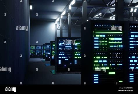 Multiple Rows Of Fully Operational Server Racks Requiring Massive Computing Power