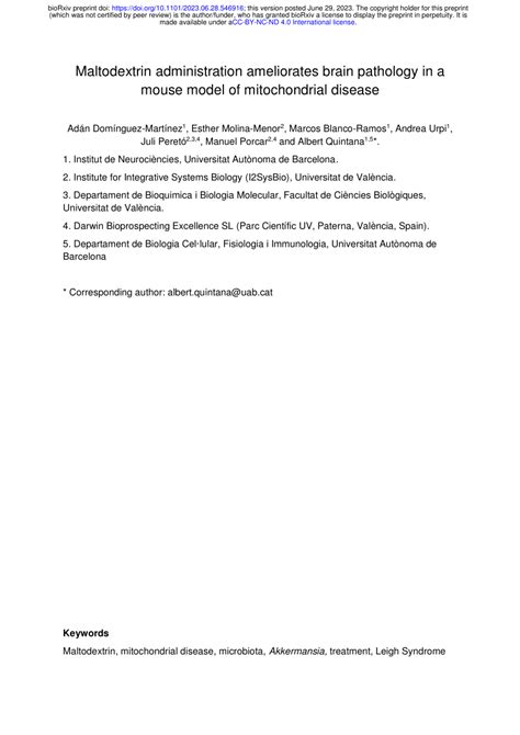 Pdf Maltodextrin Administration Ameliorates Brain Pathology In A Mouse Model Of Mitochondrial