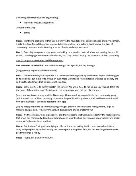 Vlog Script Nnn 3 Min Vlog For Introduction To Engineering Problem