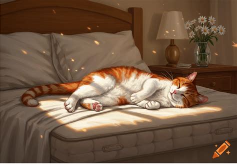 An Orange And White Tabby Cat Sleeps Peacefully On A Bed Illuminated By Sunlight Filtering Into