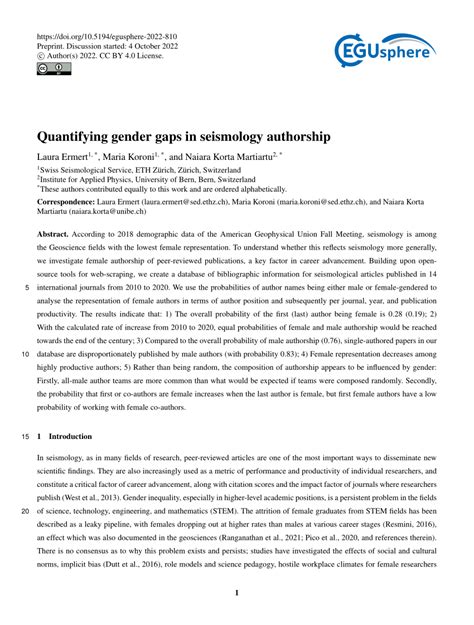 Pdf Quantifying Gender Gaps In Seismology Authorship
