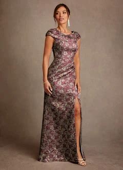 Azazie Irvine Cabernet A Line Pleated Floral Jacquard Dress Azazie