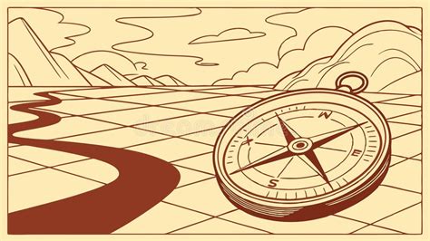 Compass By Desert River Arid Landscape Navigation Vector Design