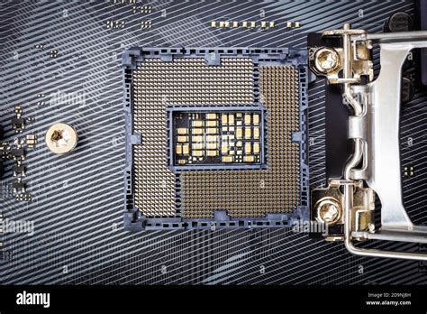 Closeup Detail Of Cpu Socket Of A Modern Computer Black Motherboard