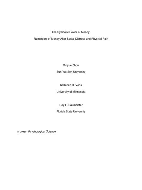 Vohs K The Symbolic Power Of Money Pdf Thought Pain