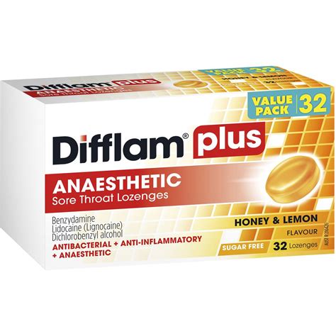 Difflam Plus Anaesthetic Sore Throat Lozenges Honey And Lemon 32pk