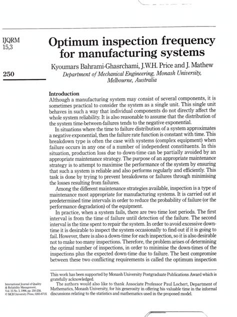 Pdf Optimum Inspection Frequency For Manufacturing Systems