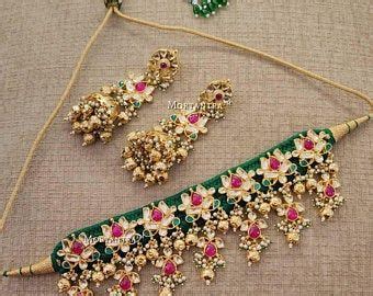 Multi Color Gold Plated Kundan Bridal Choker Set Etsy Indian