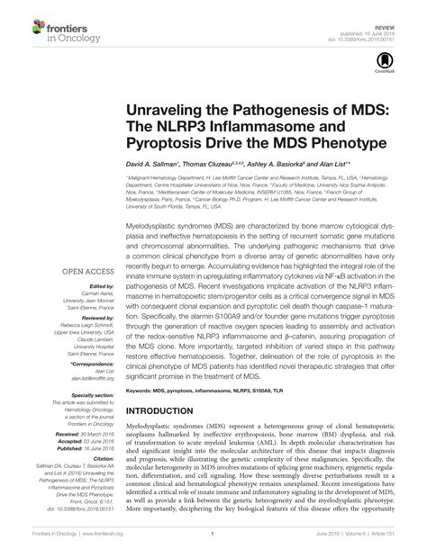 Pdf Unraveling The Pathogenesis Of Mds The Nlrp3 Inflammasome And