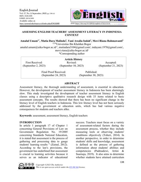 Pdf Assessing English Teachers Assessment Literacy In Indonesia Context